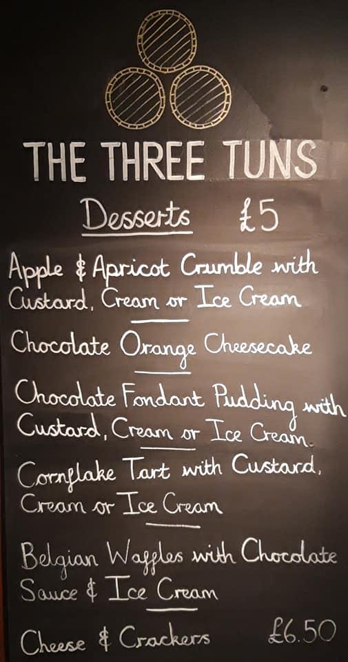 Menu at The Three Tuns restaurant, Eggleston