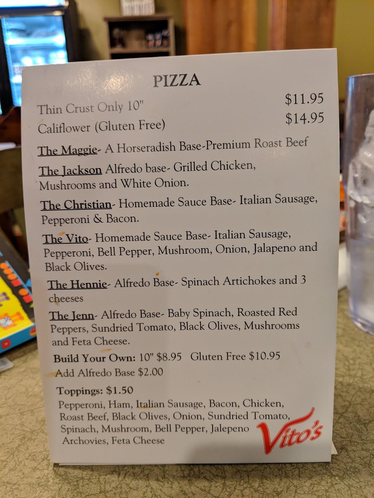 Menu at Vito's Marketplace restaurant, Leland