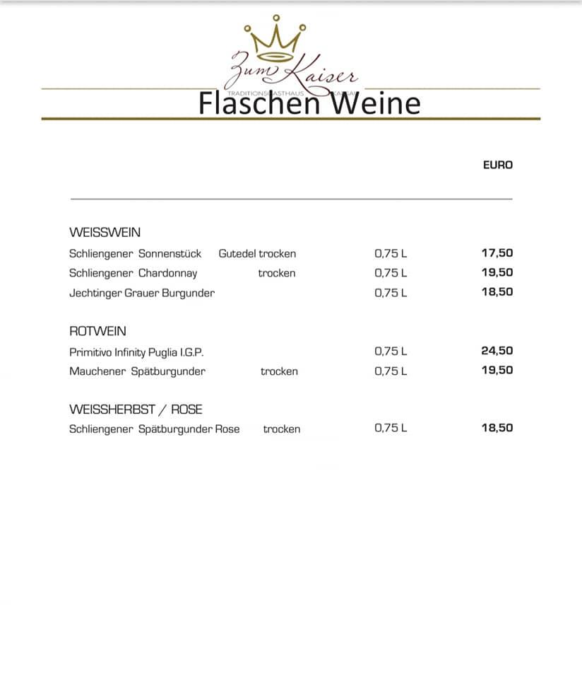 Menu at Zum Kaiser restaurant, Rheinfelden