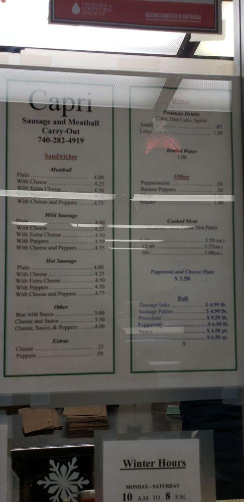 Menu at Capri restaurant, Steubenville