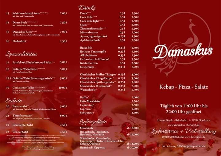 Speisekarte von Damaskus Oberkirch pub & Bar, Oberkirch