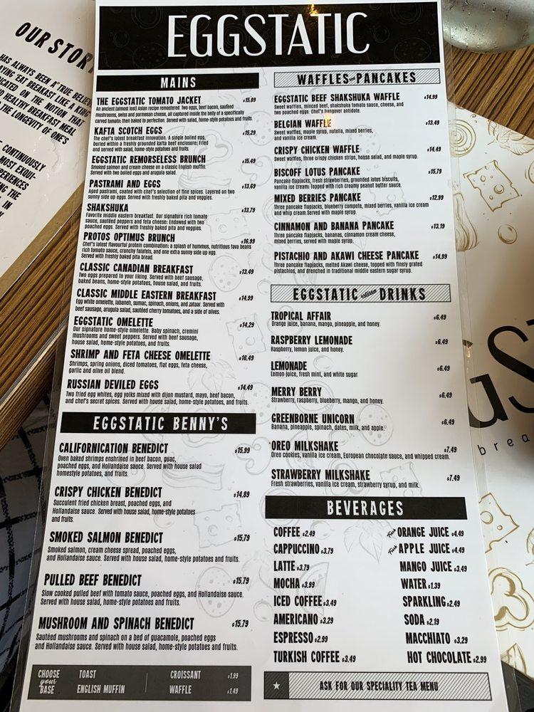 Menu at Eggstatic Toronto restaurant, Toronto