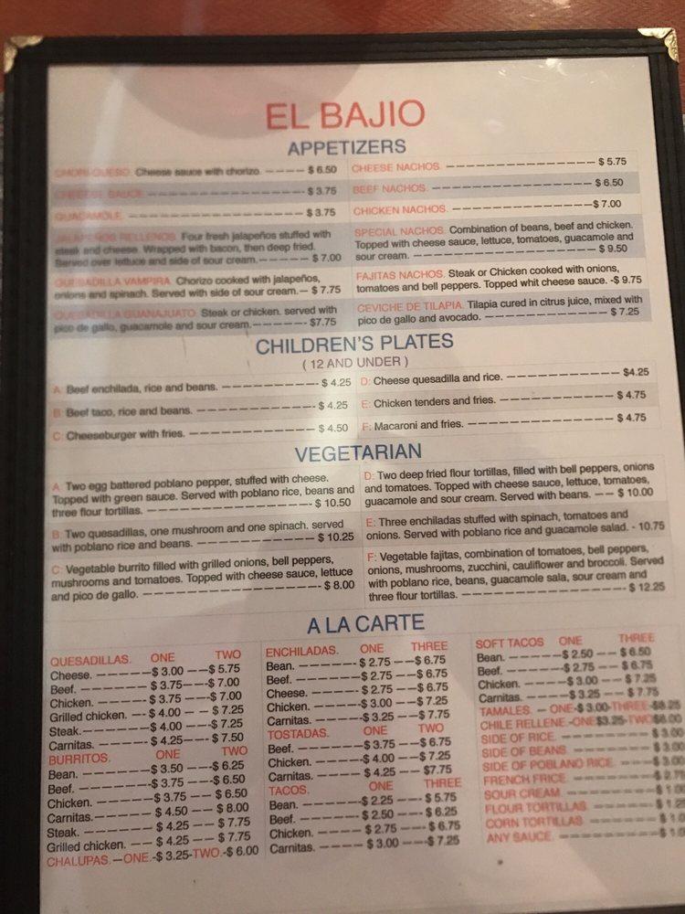 Menu at El Bajio Mexican Restaurant, Seneca Falls