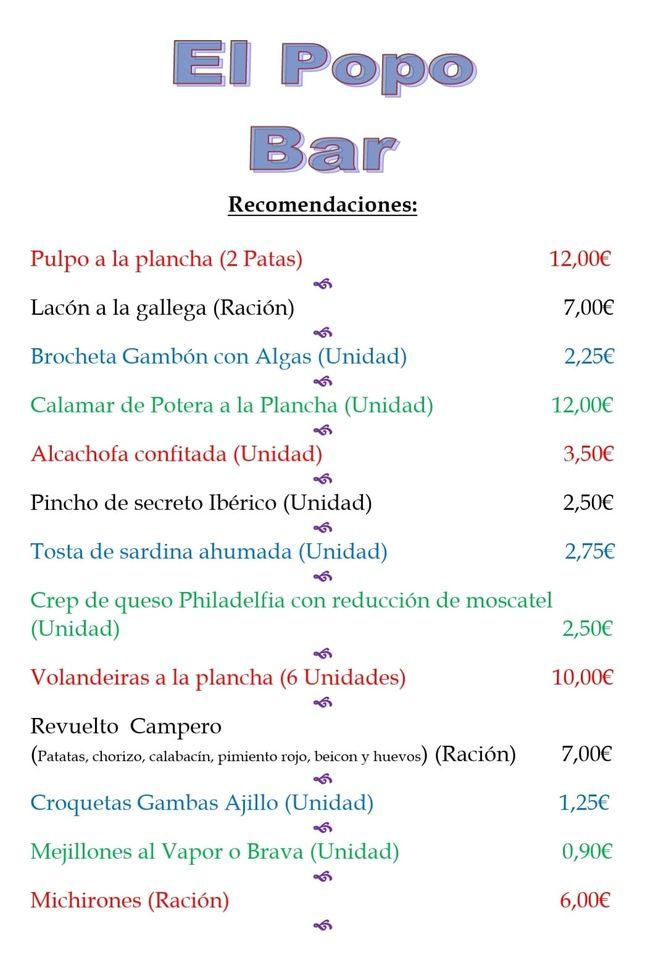 Menu at El Popo pub & bar, Canteras, C. Mayor
