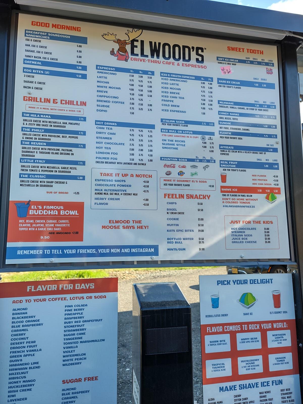 Menu at Elwood's Drive Thru cafe, Palmer