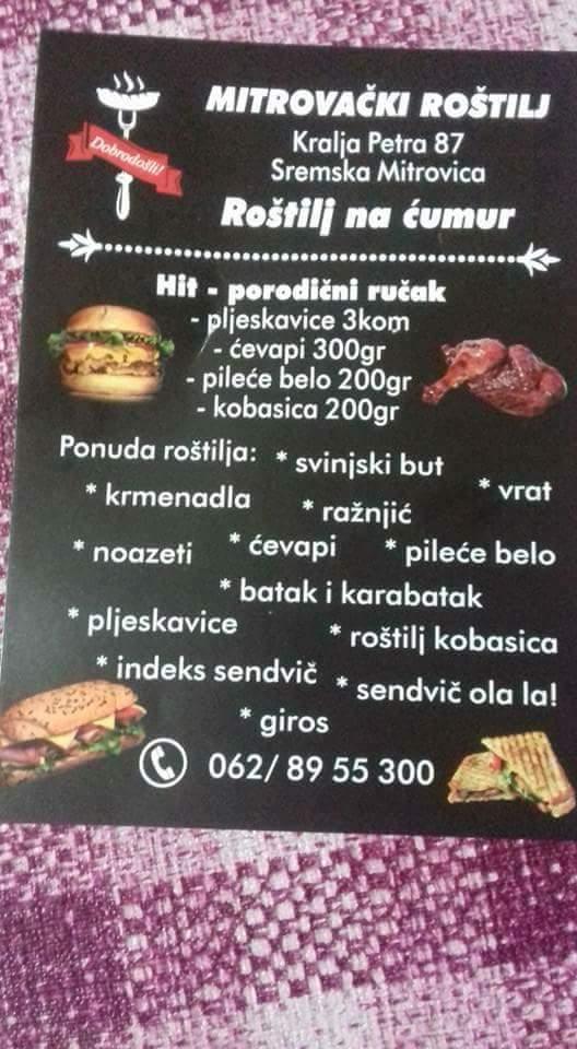 Menu at Mitrovacki rostilj restaurant, Sremska Mitrovica