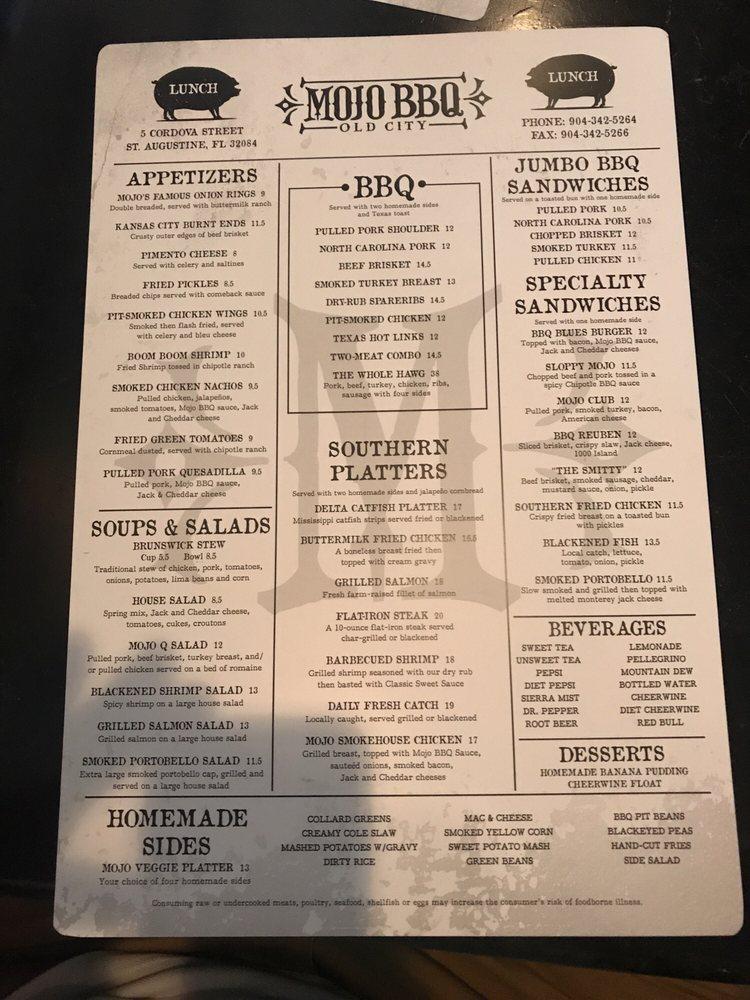 Menu at Mojo Old City BBQ, St. Augustine