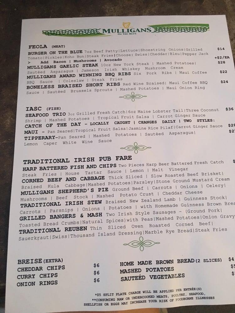 Menu at Mulligans on the Blue pub & bar, Kihei