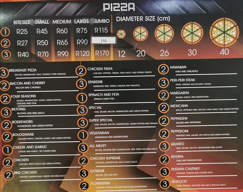 Menu at Pizza Square restaurant, Trichardt