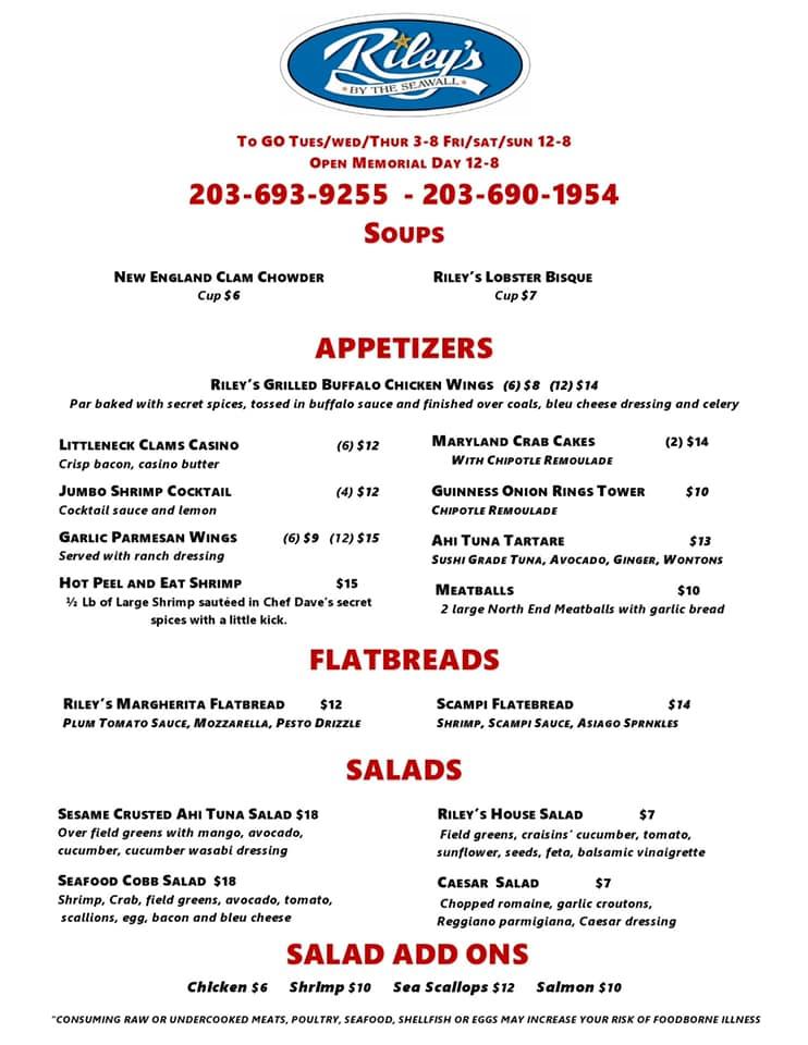 Menu at Riley's by the Sea pub & bar, Stratford