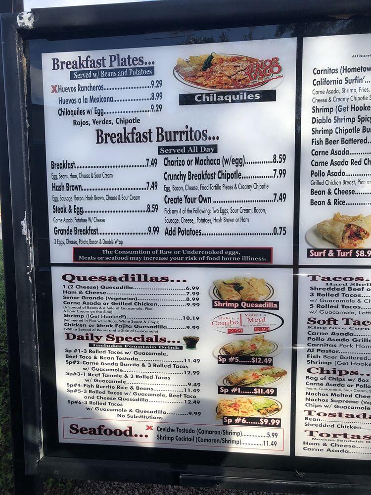 Menu at Señor Taco restaurant, Tempe