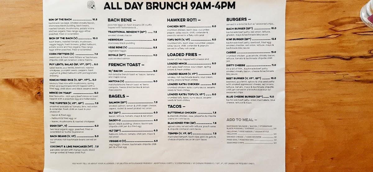 Menu at The Bach cafe, Dundee