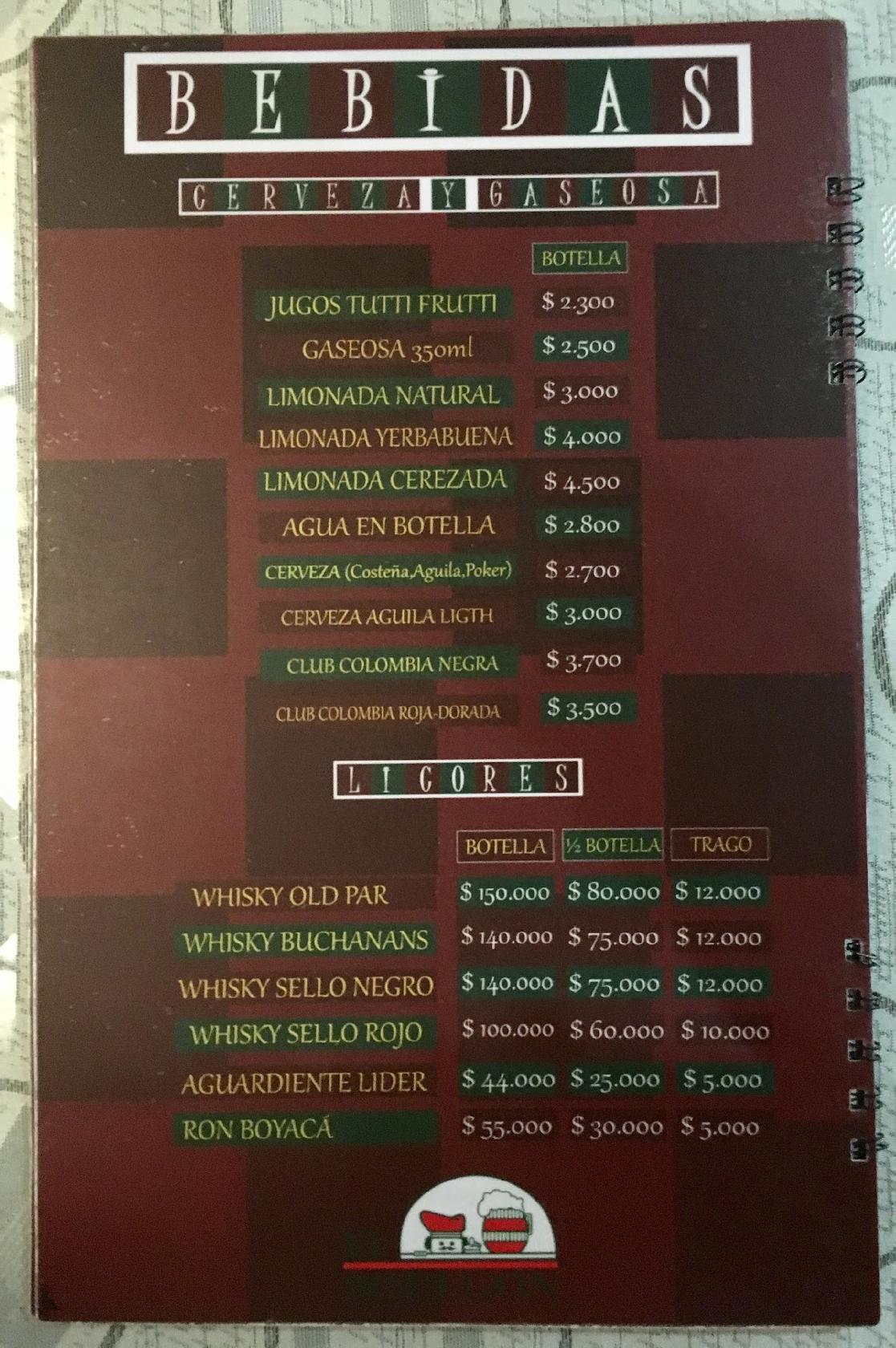Carta del restaurante El Bodegon, Duitama