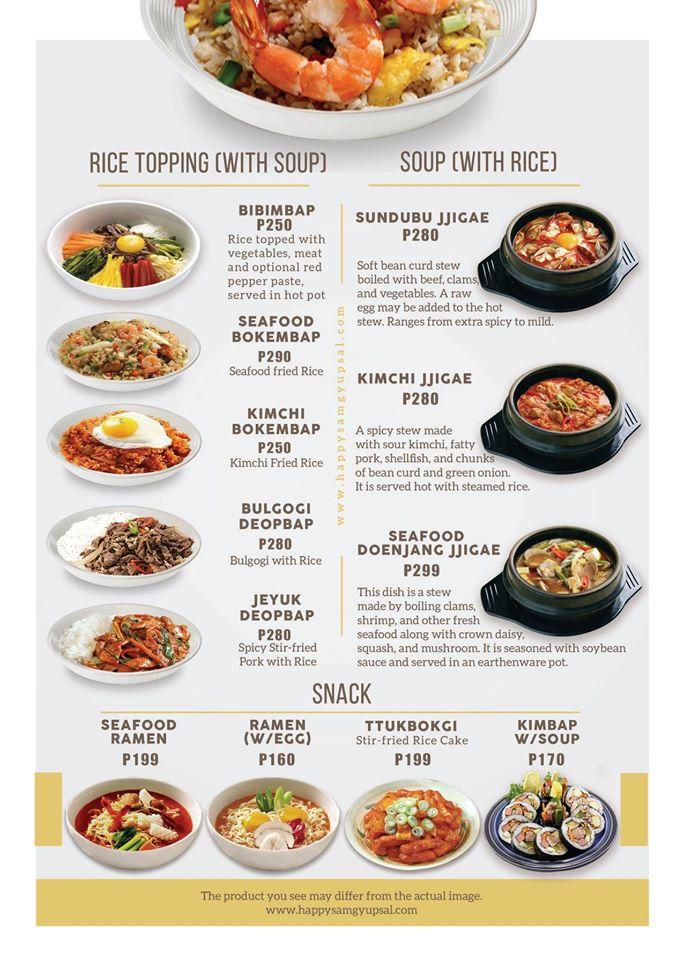 Menu at Happy Samgyupsal Leon Guinto Branch restaurant, Manila