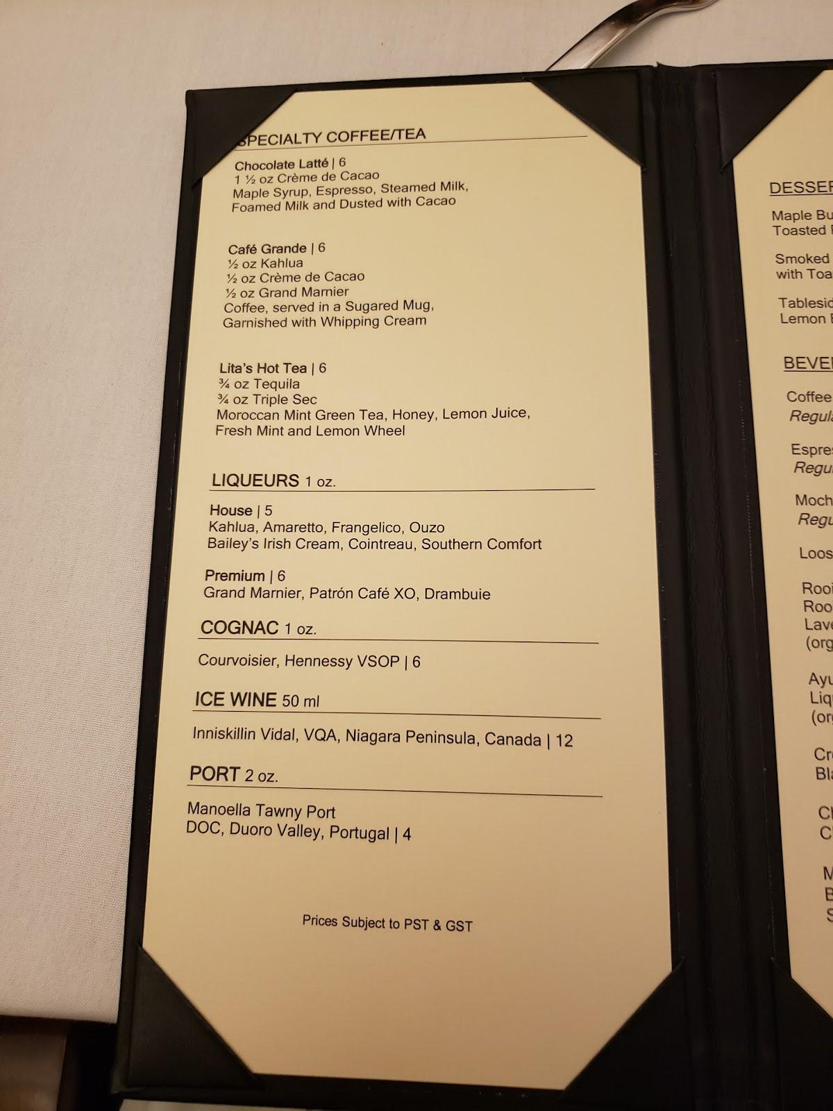 Menu at Jane's restaurant, Winnipeg