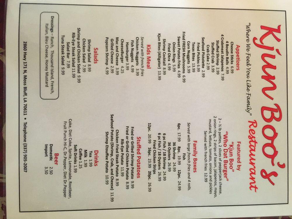 Menu at Kjun Boo's restaurant, Moss Bluff, US-171
