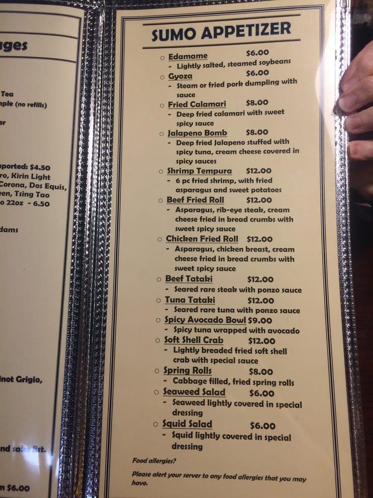 Menu at Sumo Japanese Restaurant, Longview
