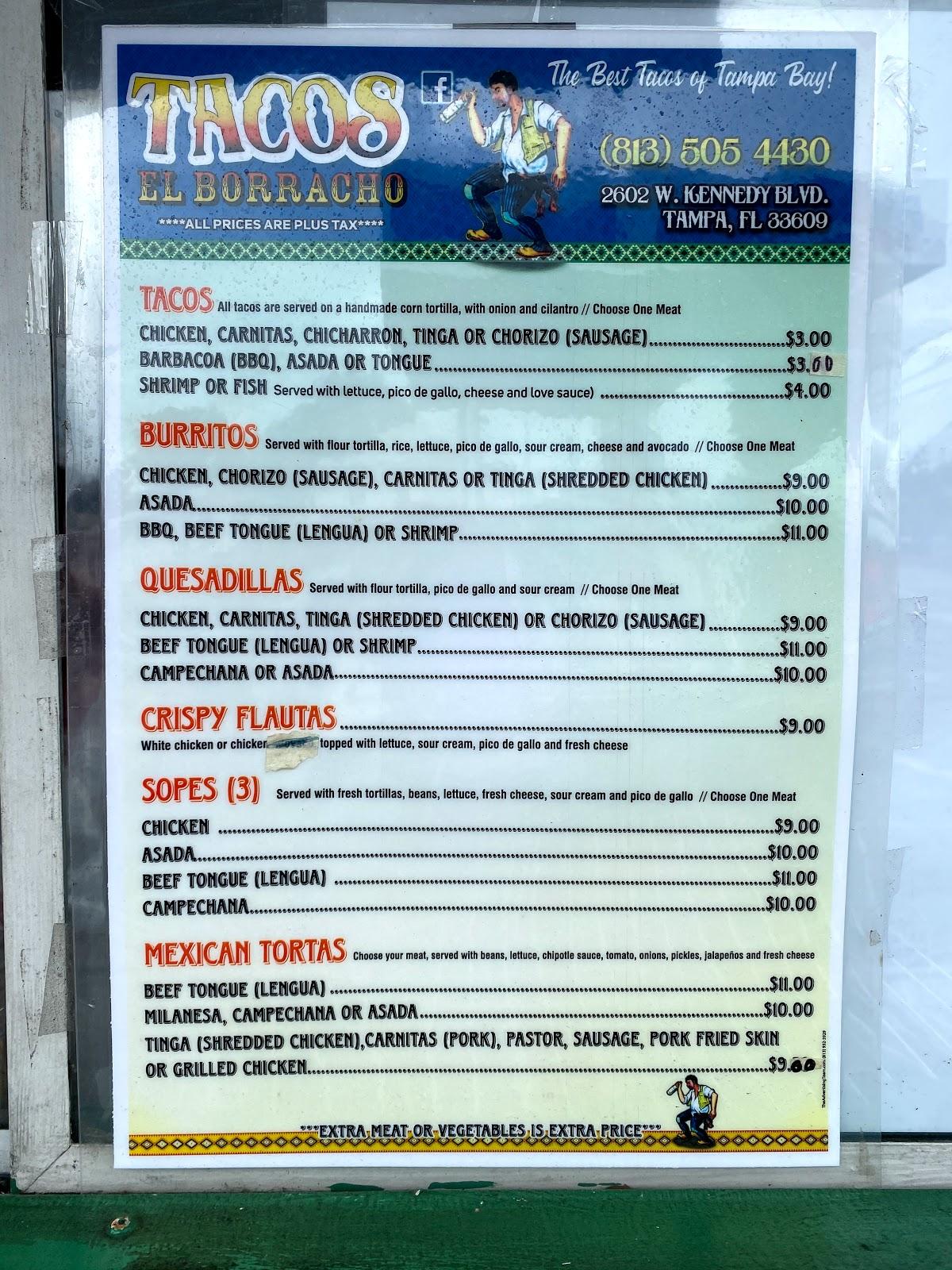 Menu at Tacos El Borracho restaurant, Tampa