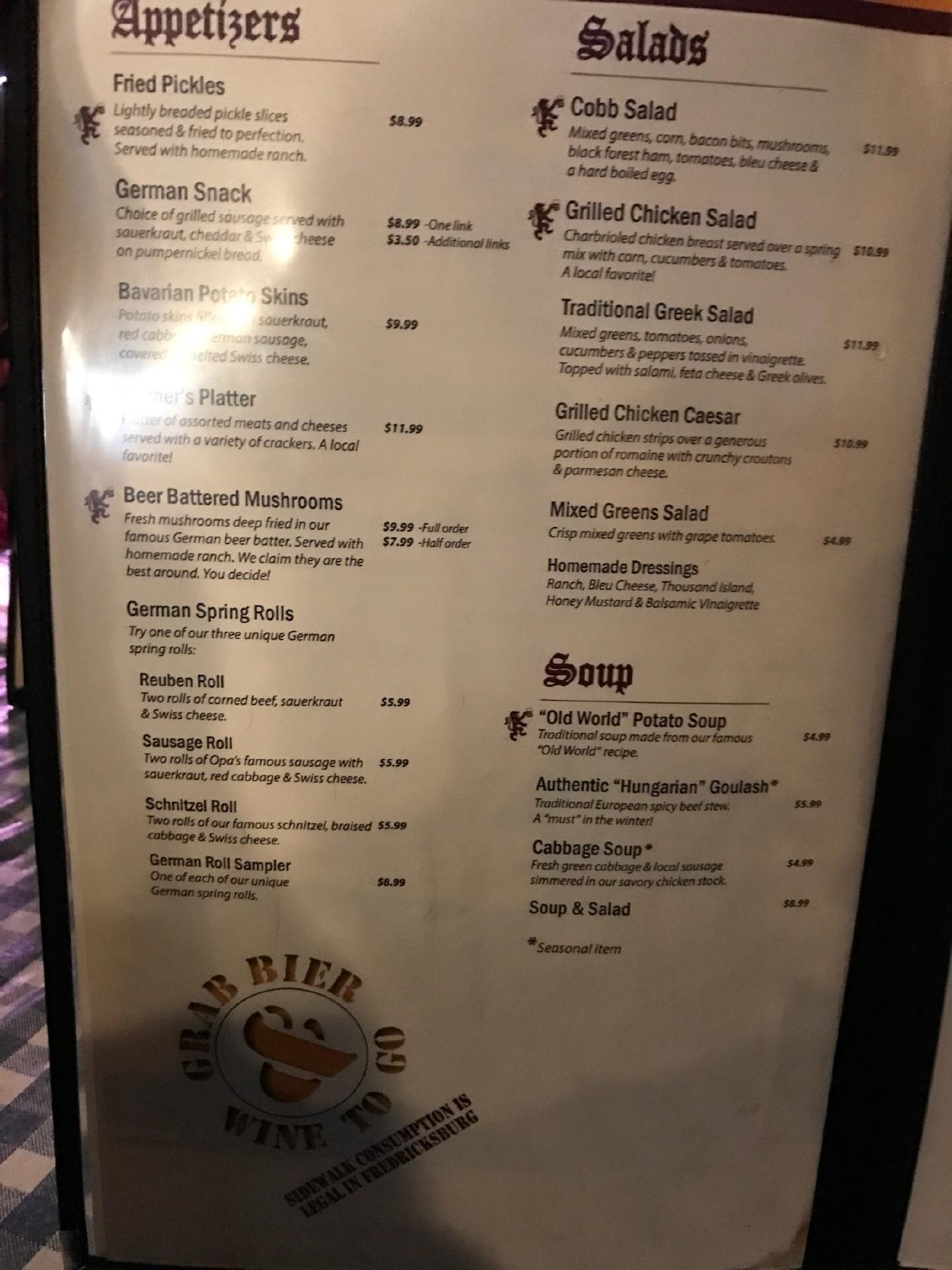 Menu at The Auslander pub & bar, Fredericksburg