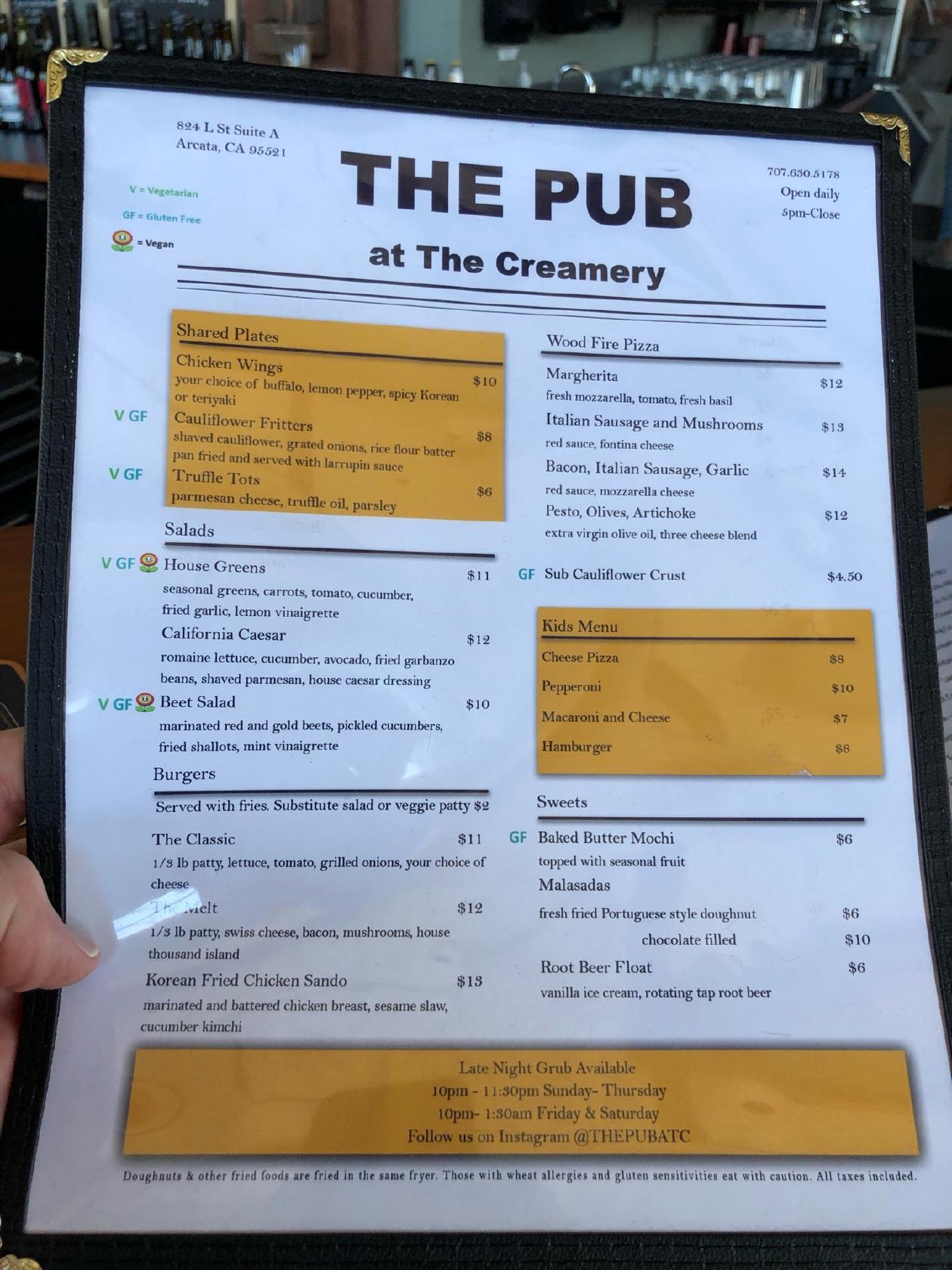 Menu at The Pub at The Creamery, Arcata