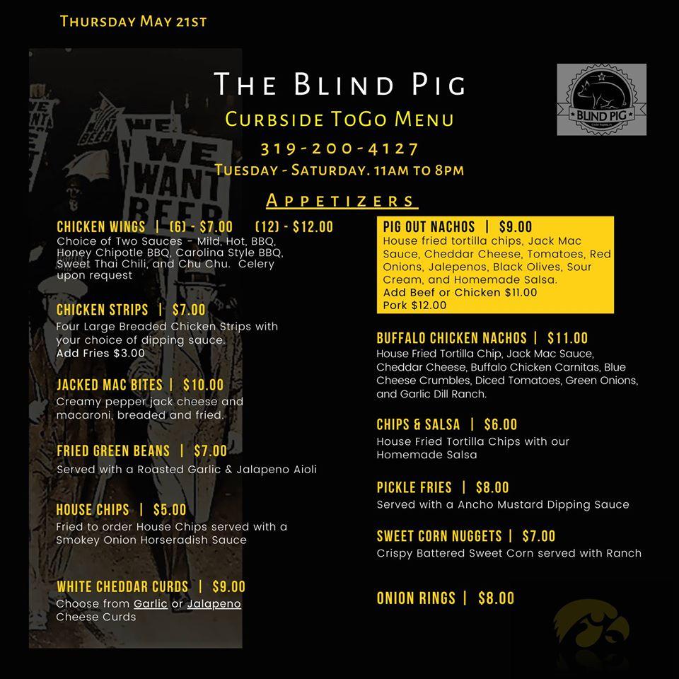 Menu at The Blind Pig pub & bar, Cedar Rapids