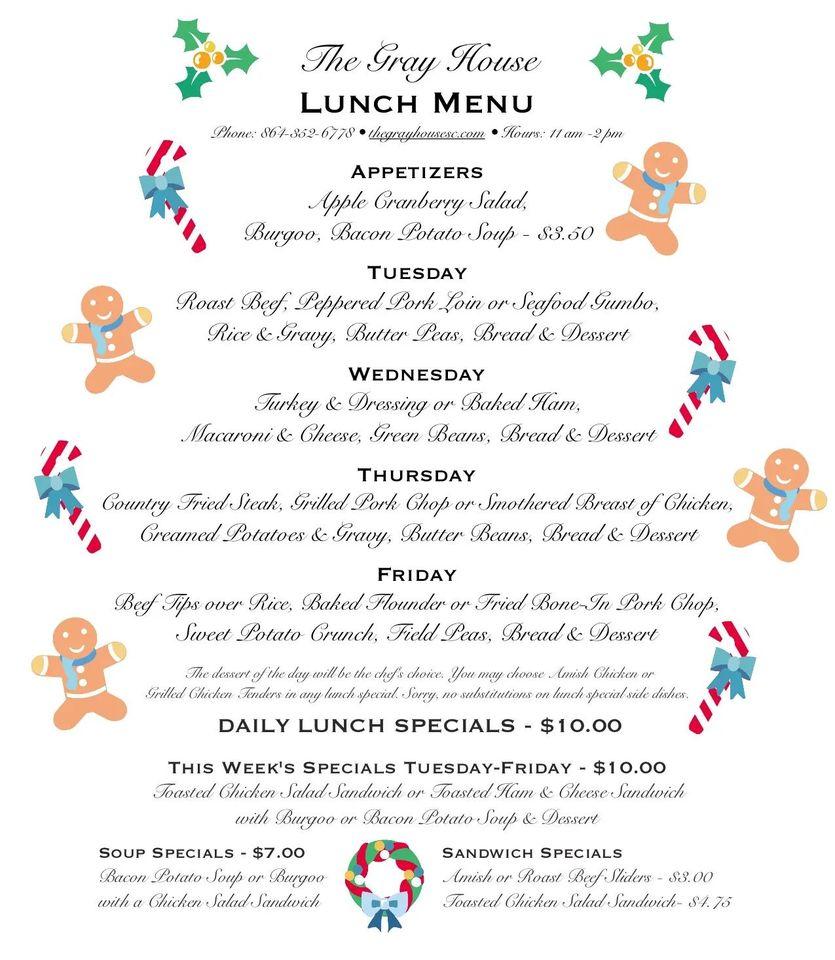 Menu at Gray House restaurant, Starr