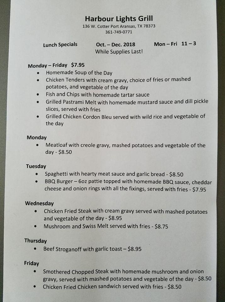Menu at Harbour Lights and Grill pub & bar, Port Aransas