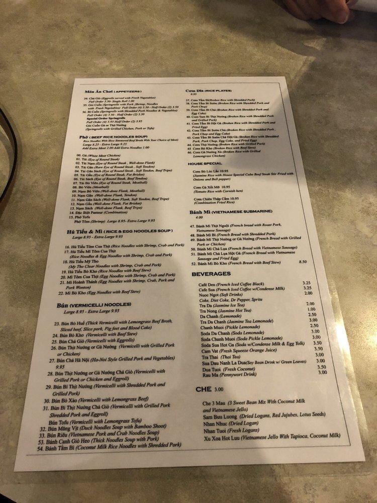 Menu at Pho Pasteur II restaurant, Carrollton