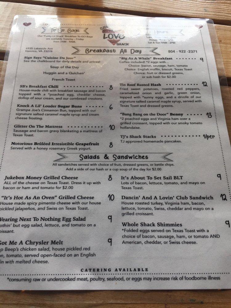 Menu at SB's Lakeside Love Shack restaurant, Richmond