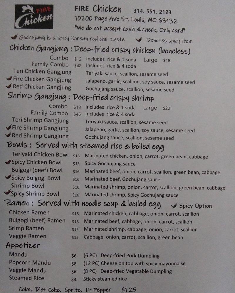 Menu at Fire Chicken restaurant, St. Louis