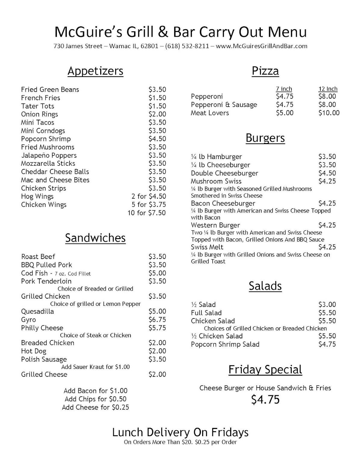 Menu at McGuire's Grill & Bar, Centralia, 730 James St