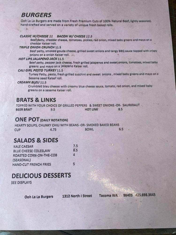 Menu at Ooh La La Burgers restaurant, Tacoma