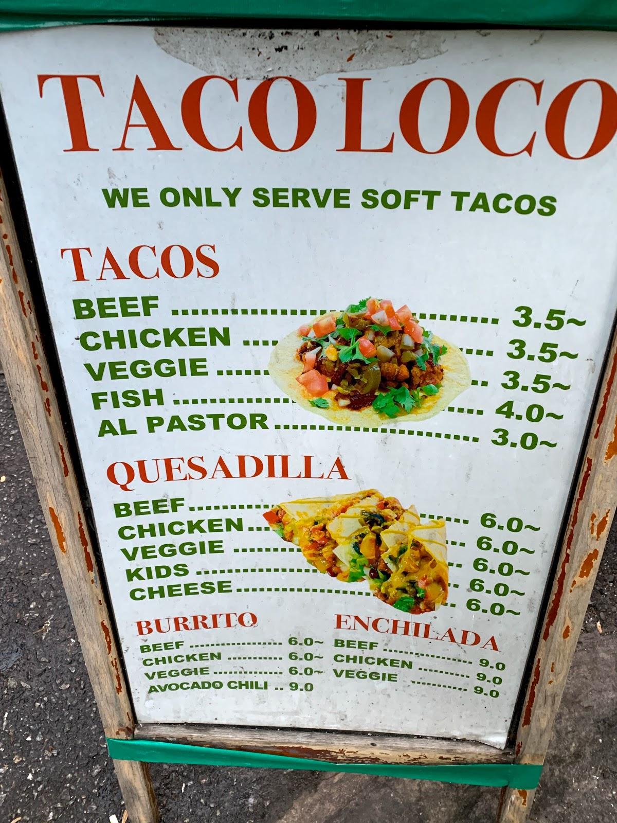 Carta del restaurante Taco Loco, Seul, Changcheon-dong