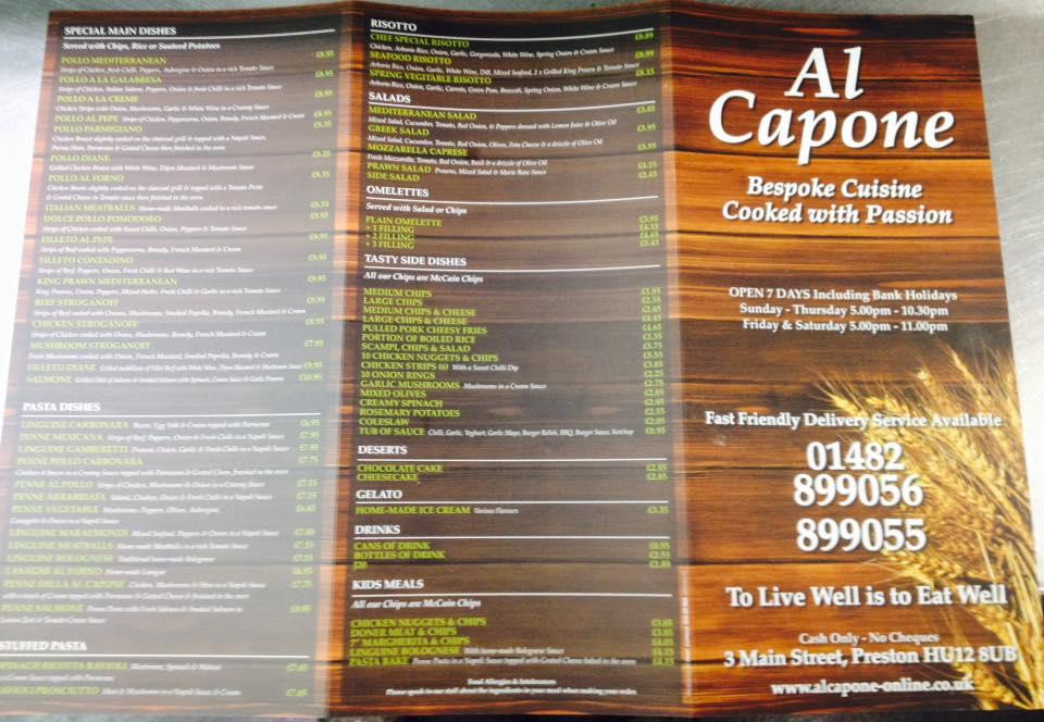 Menu at Al Capone fast food, Hull