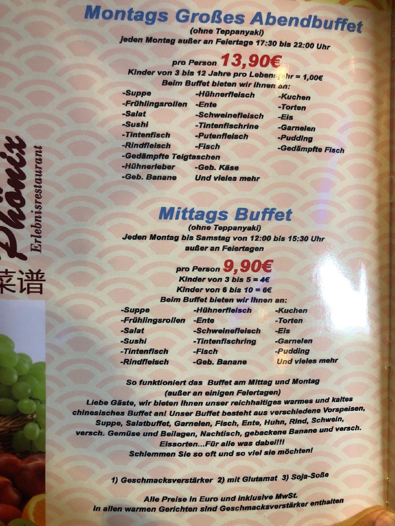 Speisekarte von China-Restaurant Phönix Buffet, Berlin