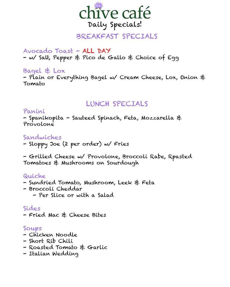 Menu at Chive Cafe, Lahaska