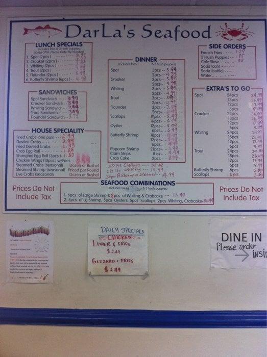 Menu at Darla's Seafood restaurant, Portsmouth