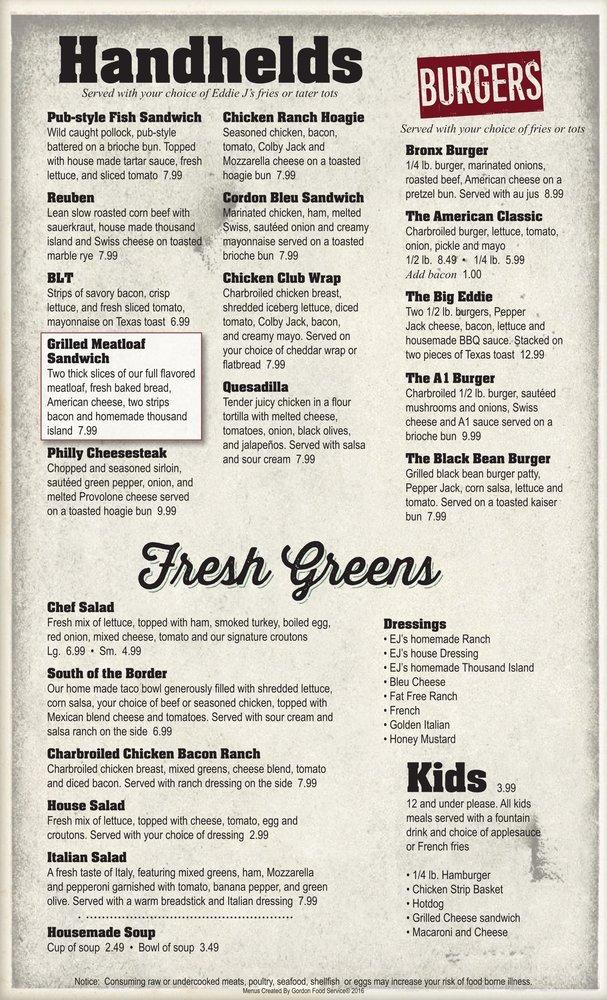 Menu at Eddie J's Grille pub & bar, Napoleon