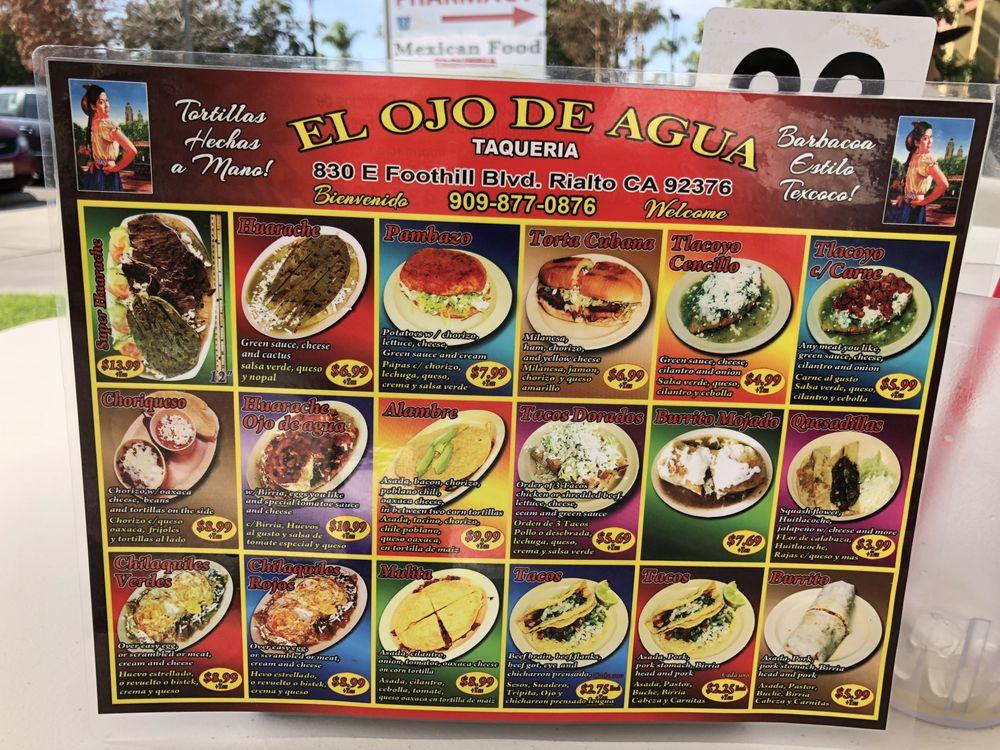 Menu at El Ojo De Agua Taqueria restaurant, Rialto, 830 Foothill Blvd