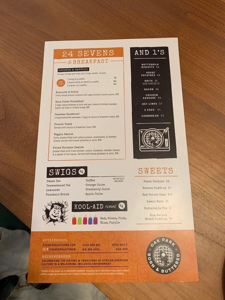 Carta del pub y bar Fixins Soul Kitchen, Sacramento