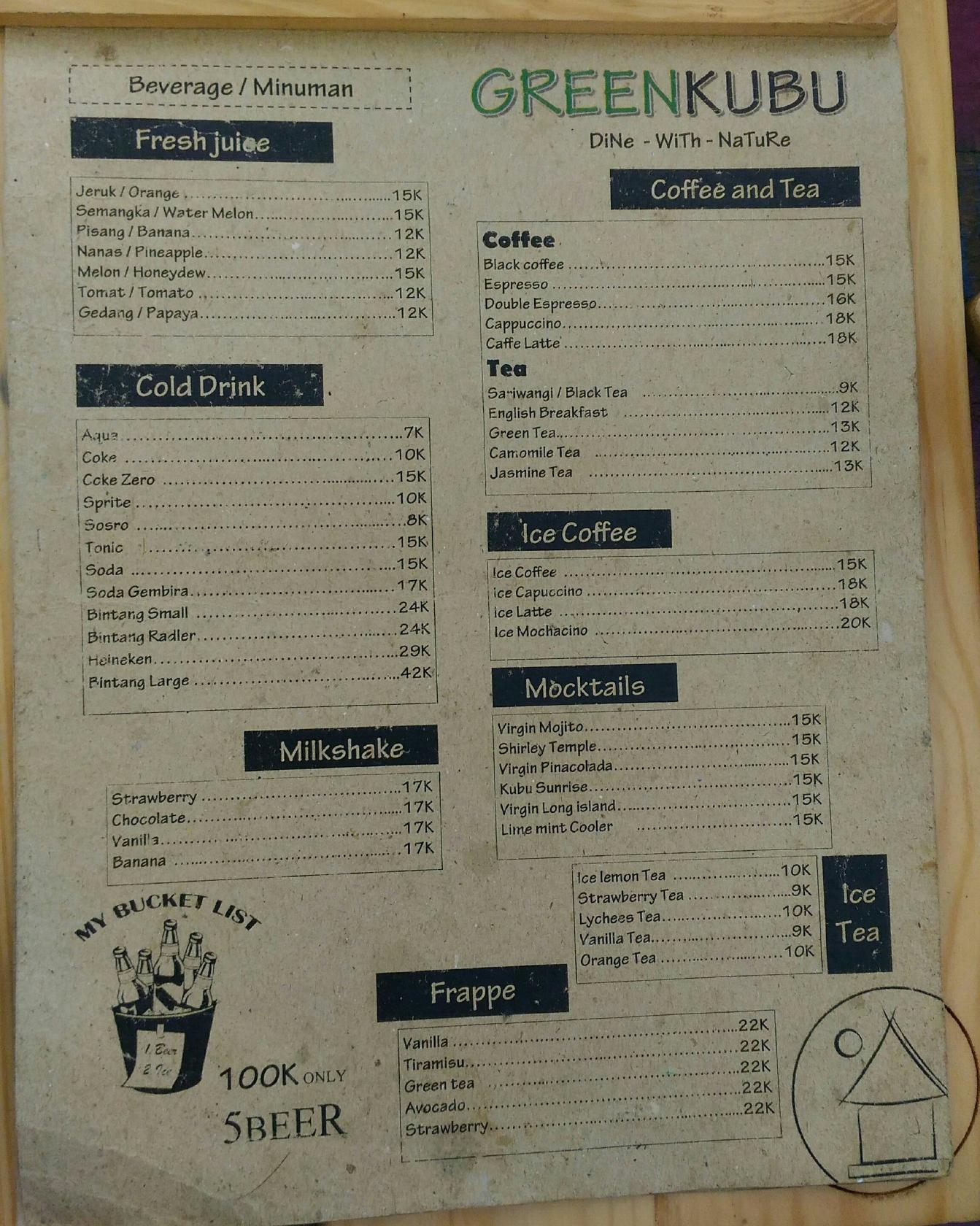 Menu at Green Kubu Cafe, Tegalalang