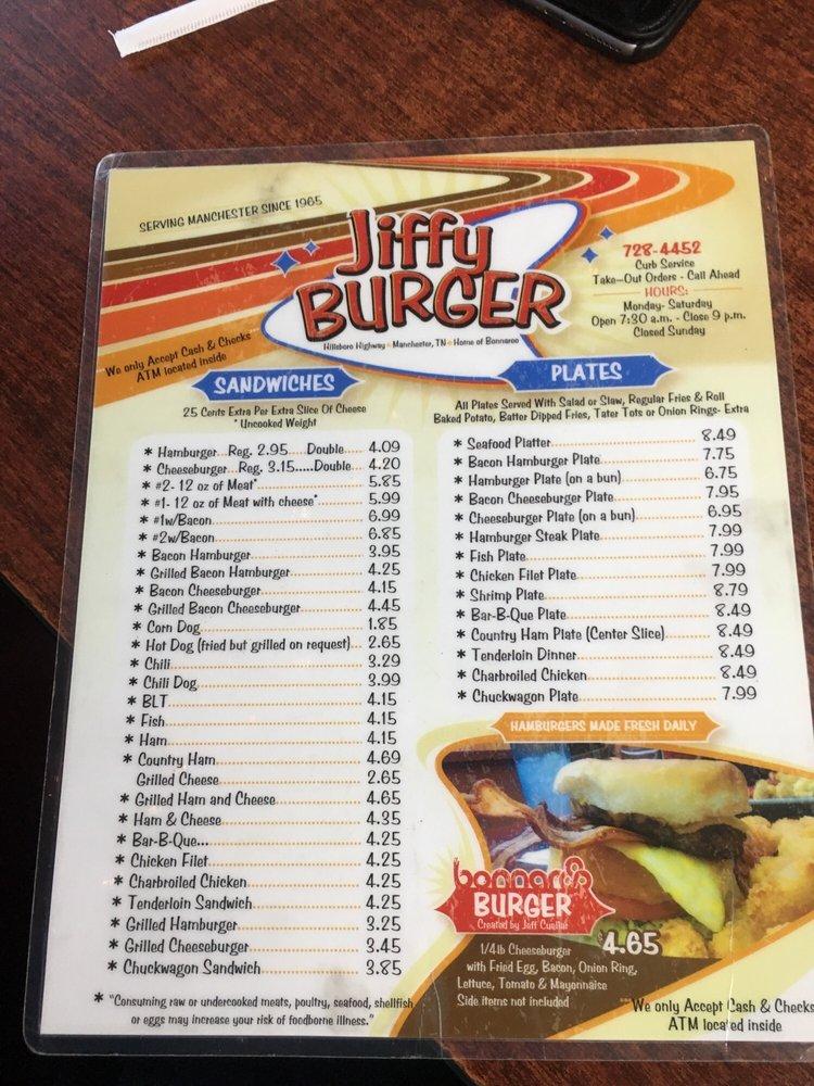Menu at Jiffy Burger restaurant, Manchester