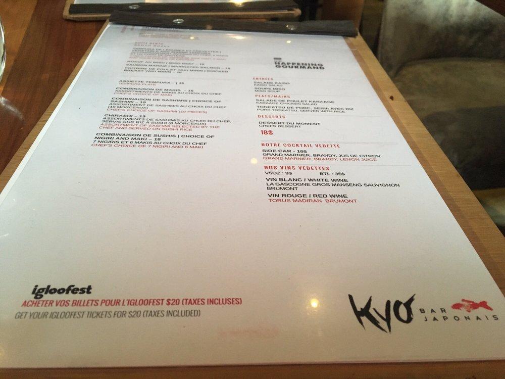 Menu at Kyo Bar Japonais, Montréal, 711 Côte place-d'Armes