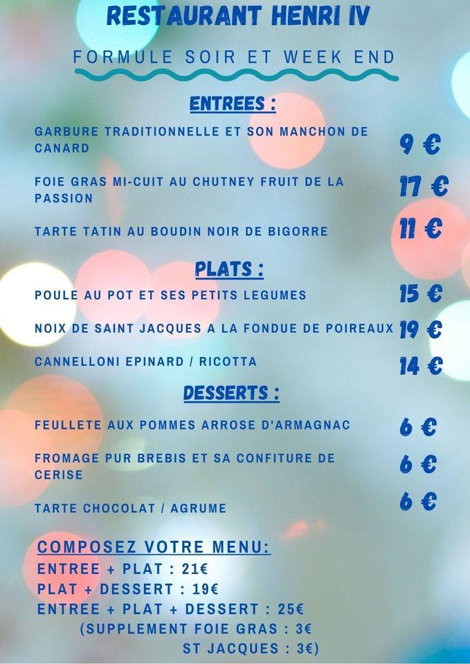 Menu at Le Henri IV restaurant, Pau