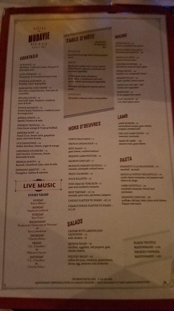 Menu au Modavie restaurant, Montréal, Rue Sainte-Catherine E