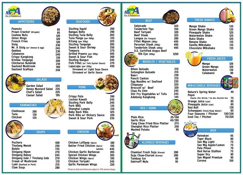 Menu at Mr. A Bar & Restaurant, Cebu City