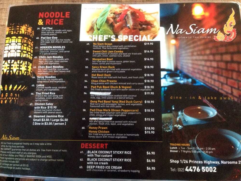 Menu at Na Siam Thai Restaurant, Narooma