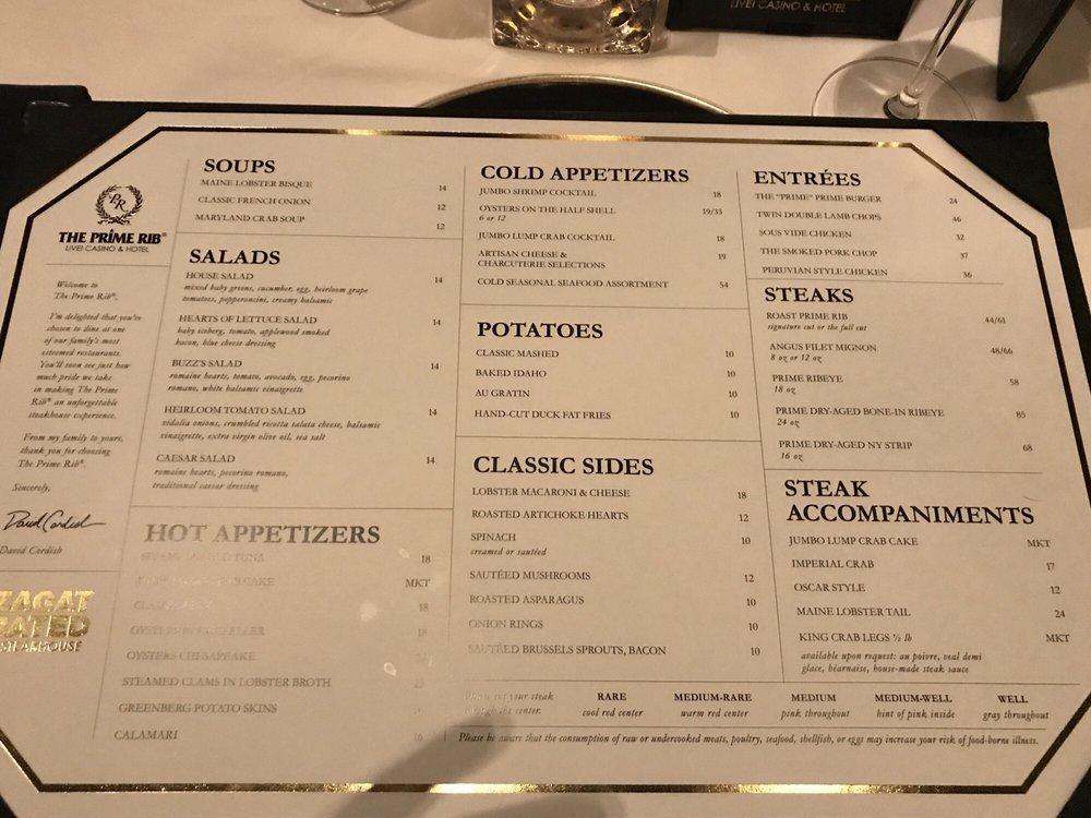 Menu at The Prime Rib at Live! Casino & Hotel steakhouse, Hanover ...