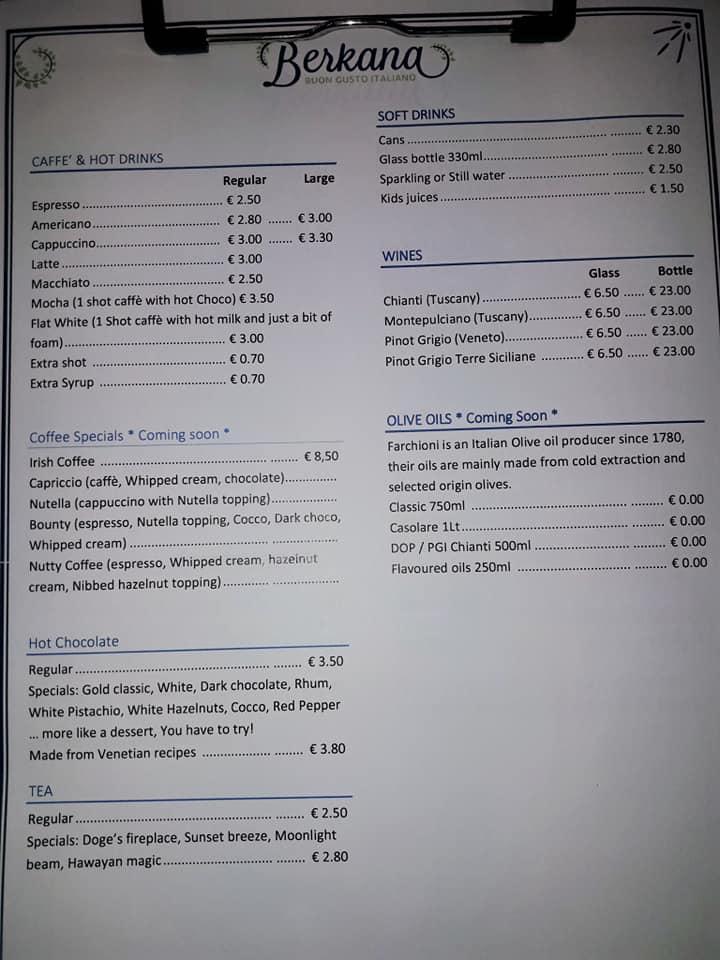 Menu at Berkana Bakery, Waterford