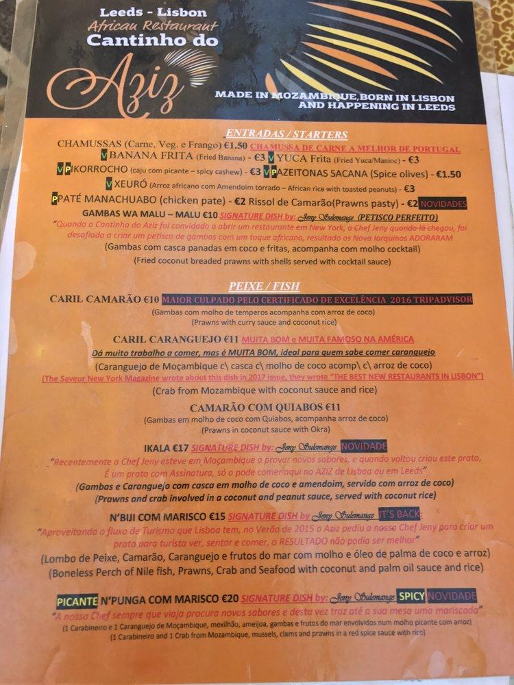 Menu at Cantinho do Aziz restaurant, Lisbon